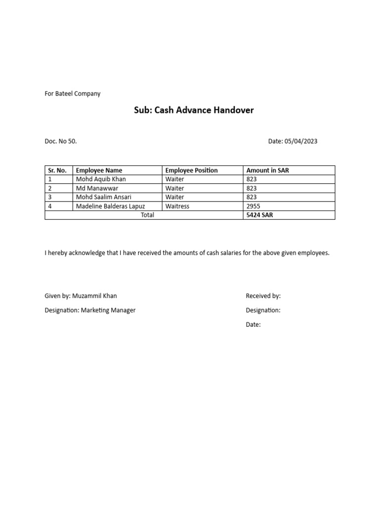 Cash Handover Template | PDF