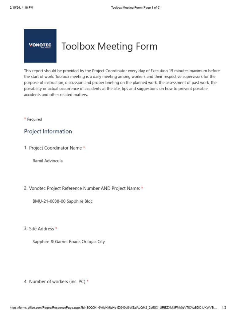 Vonotec Tool Box Meeting Form | PDF | Personal Protective Equipment ...