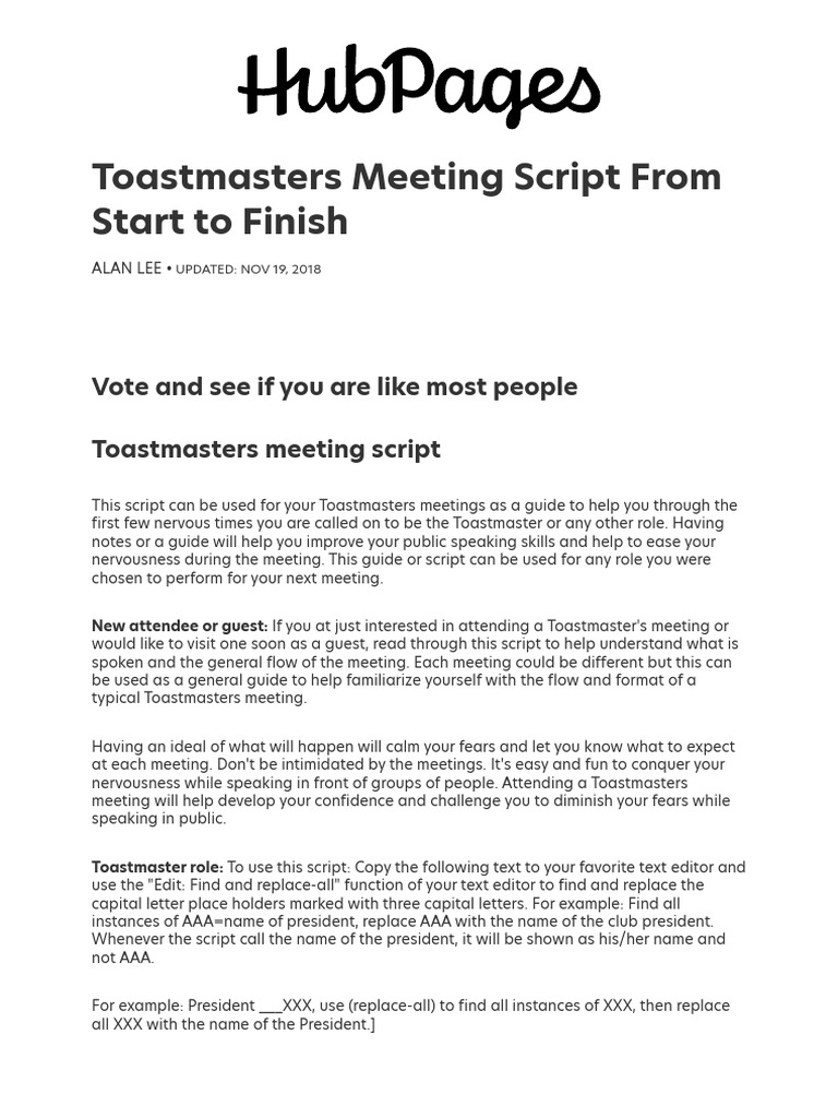 Toastmasters Meeting Script Guide | PDF