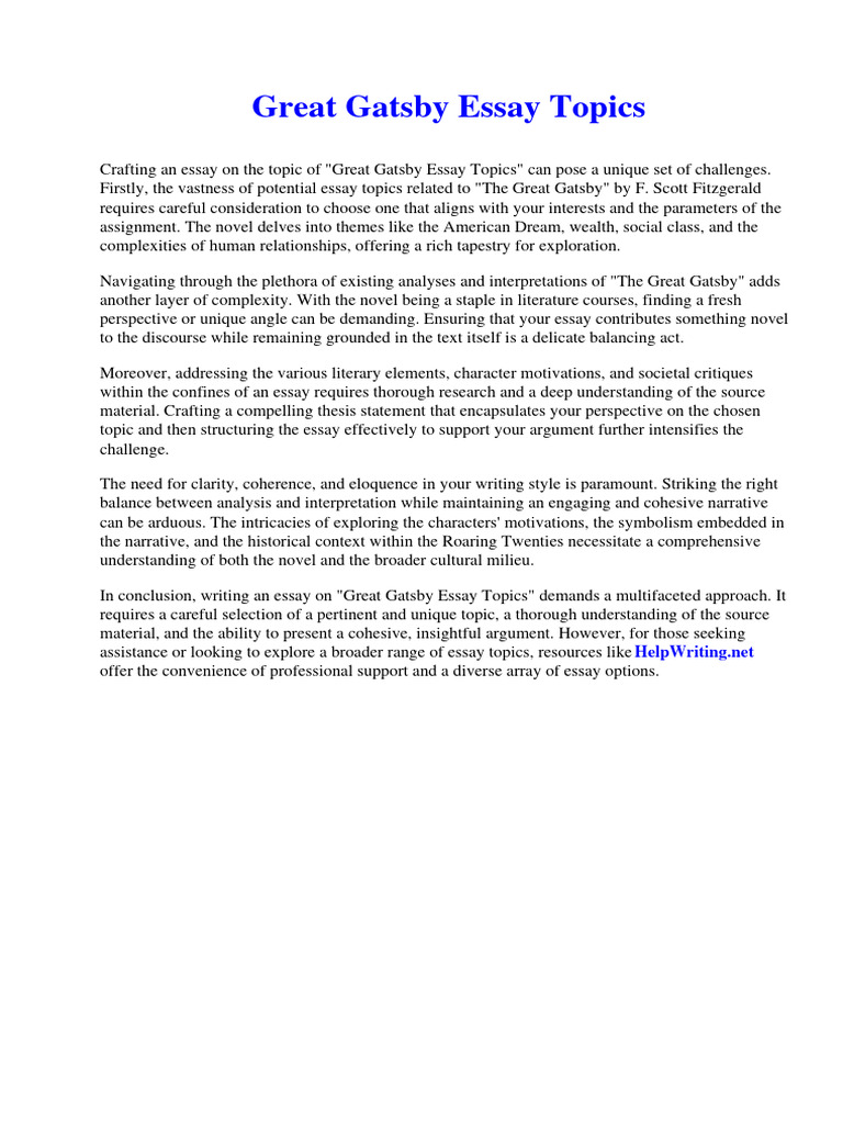 Great Gatsby Essay Topics | PDF | Atlantic Slave Trade | European ...