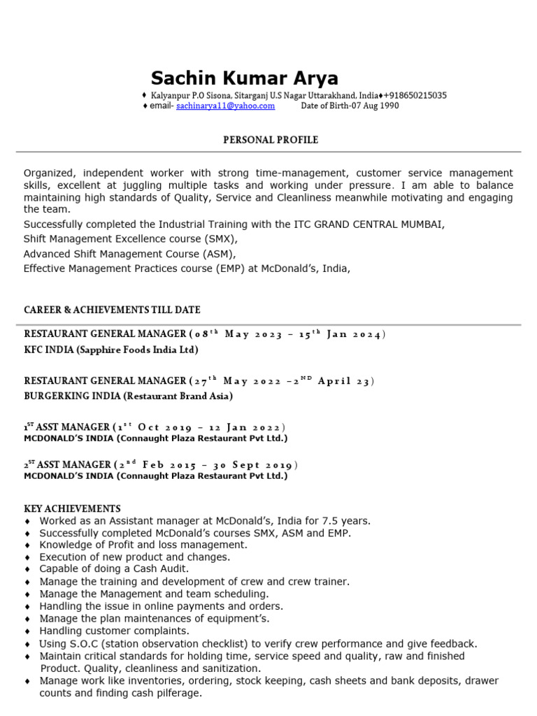 SACHIN ARYA CV | PDF | Inventory | Business