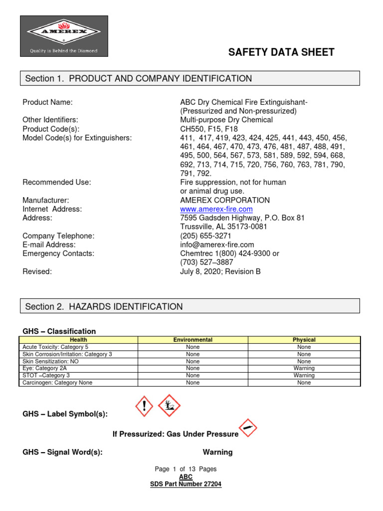 Amerex Fire Extinguisher - MSDS | Download Free PDF | Dangerous Goods ...