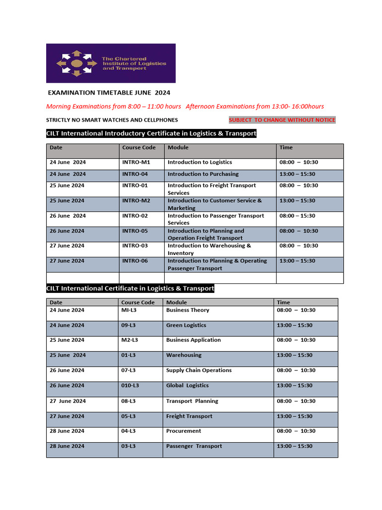 June 2024 CILT Exam Timetable | PDF | Logistics | Business Economics