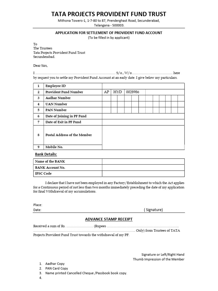 Tata Projects PF Withdrawal Application | PDF | Finance & Money Management