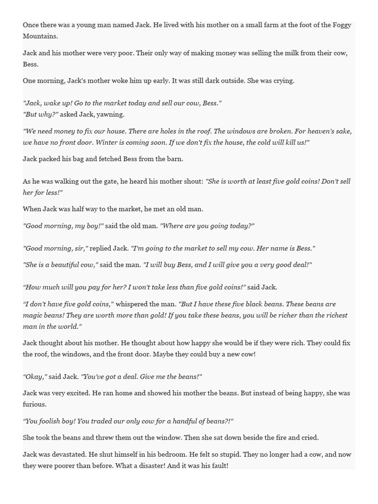 Jack and The Beanstalk Text | PDF | Mystery, Thriller & Crime Fiction ...