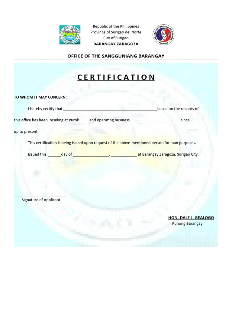 Barangay Certification Sample Format | PDF