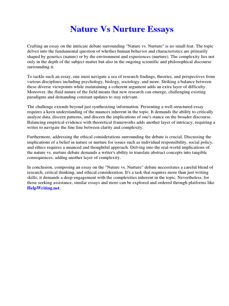 Nature Vs Nurture Essays | PDF | Nature Versus Nurture
