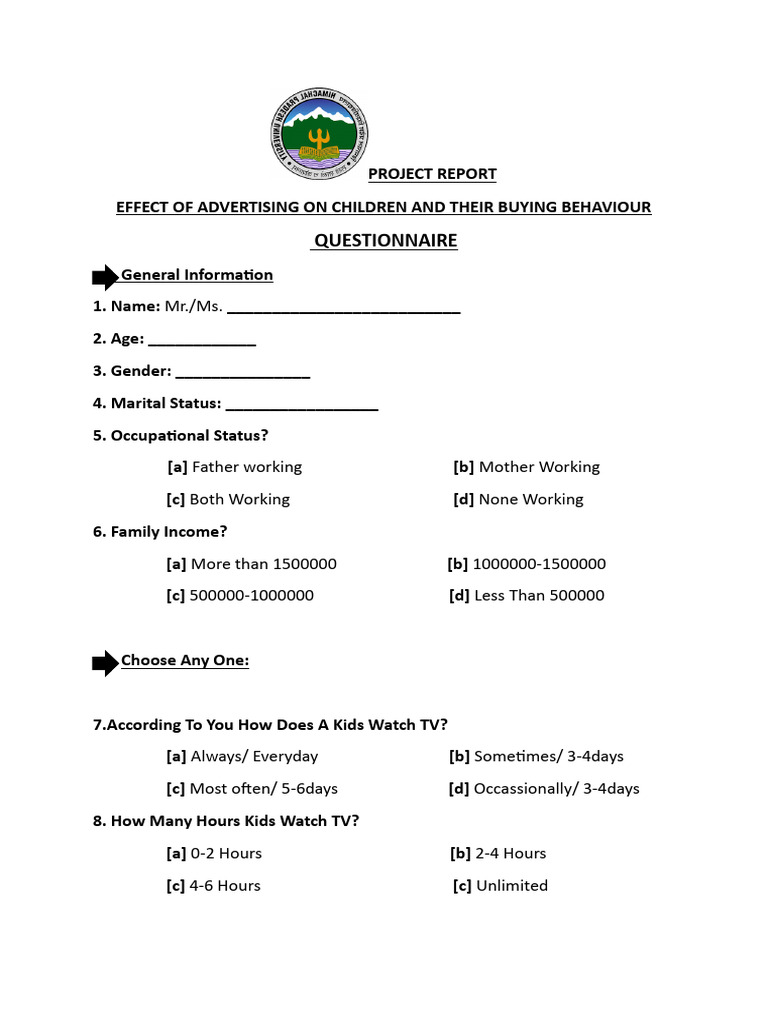 QUESTIONNAIRE of Project Work | PDF | Self-Improvement