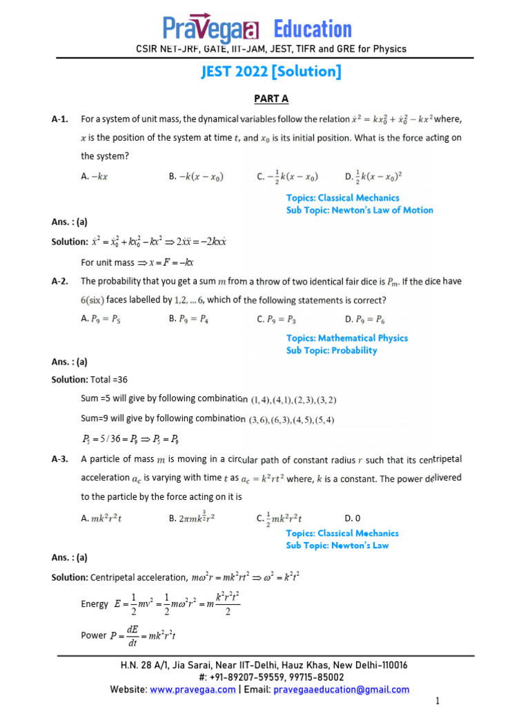 JEST 2022 Solution | PDF | Schrödinger Equation | Force