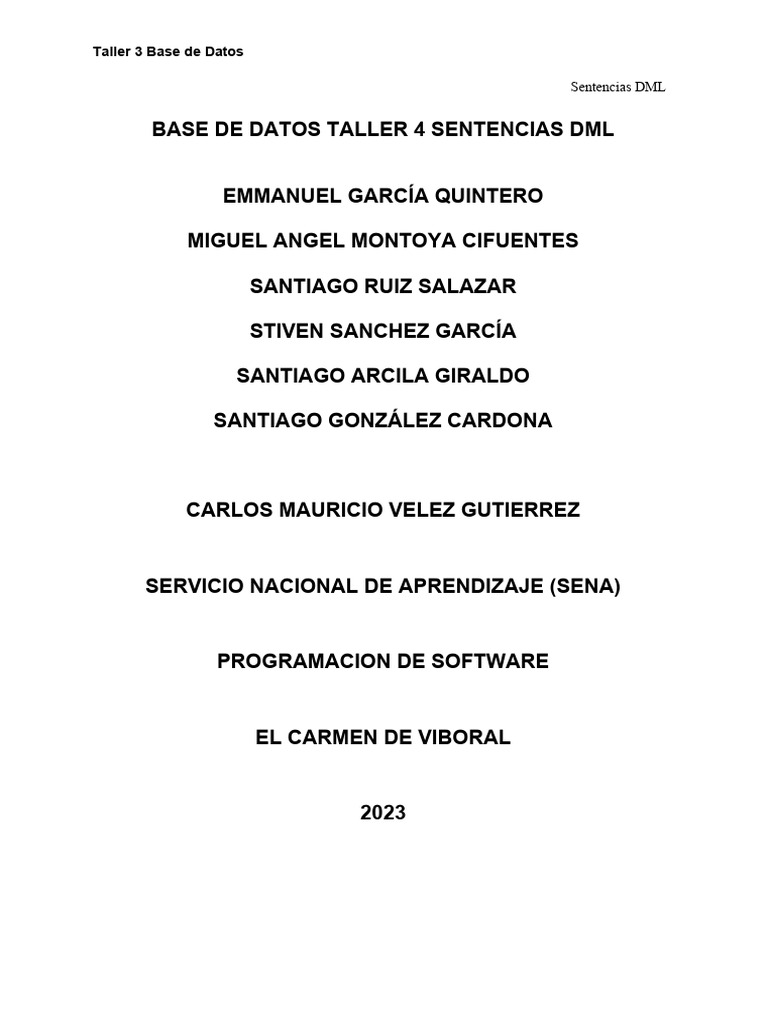 Taller DML: Consultas SQL en BD | PDF | Bases de datos | Tecnologías de la información