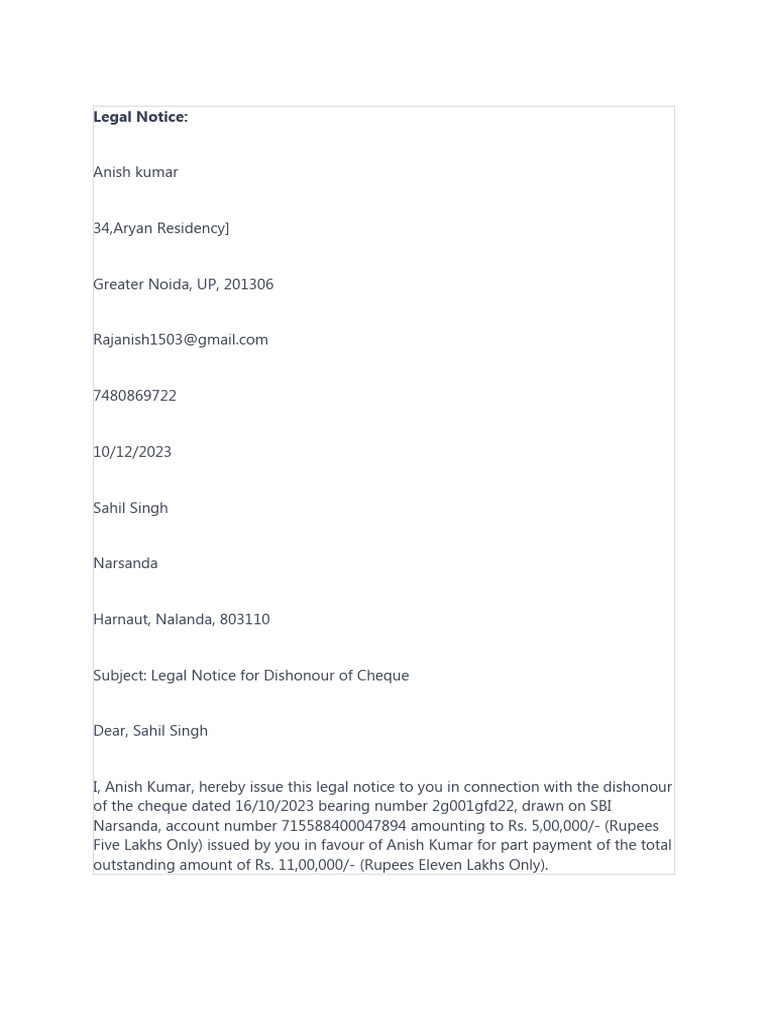 Legal Notice For Cheque Bounce by Anish Kumar | PDF | Cheque | Justice