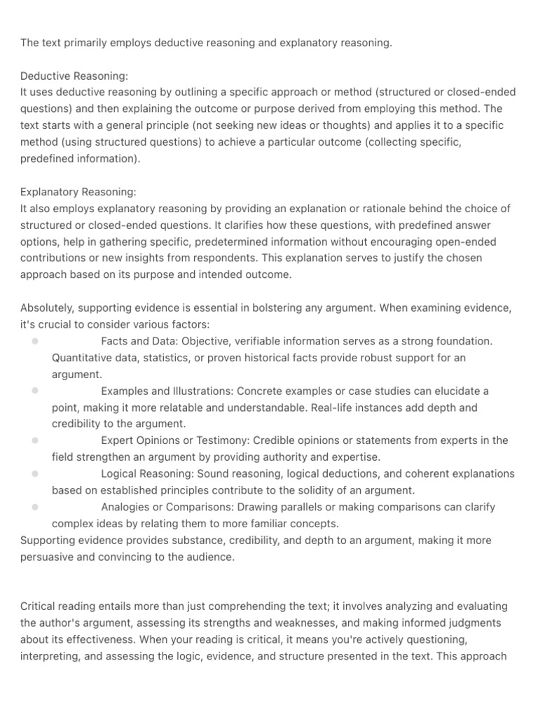 The Text Primarily Employs Deductive Reasoning and Explanatory ...