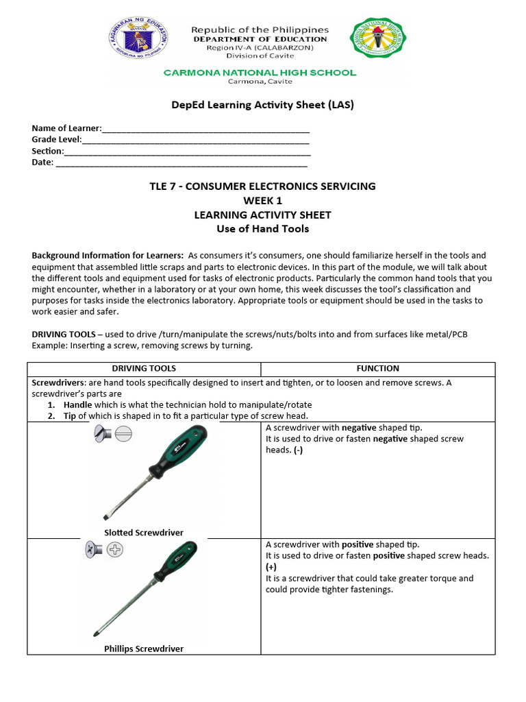 Week 1 - Ces - Grade 7 - Basic Hand Tools in Electronics | Download ...