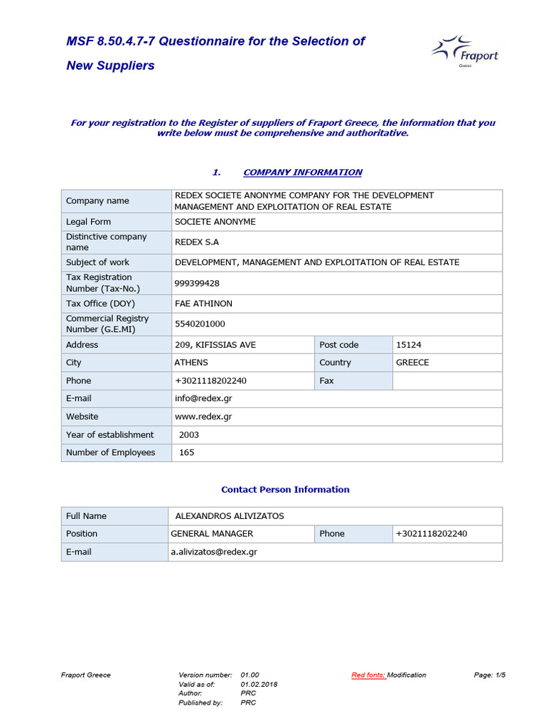Annex 4 - Questionnaire For The Selection of A New Supplier Signed ...