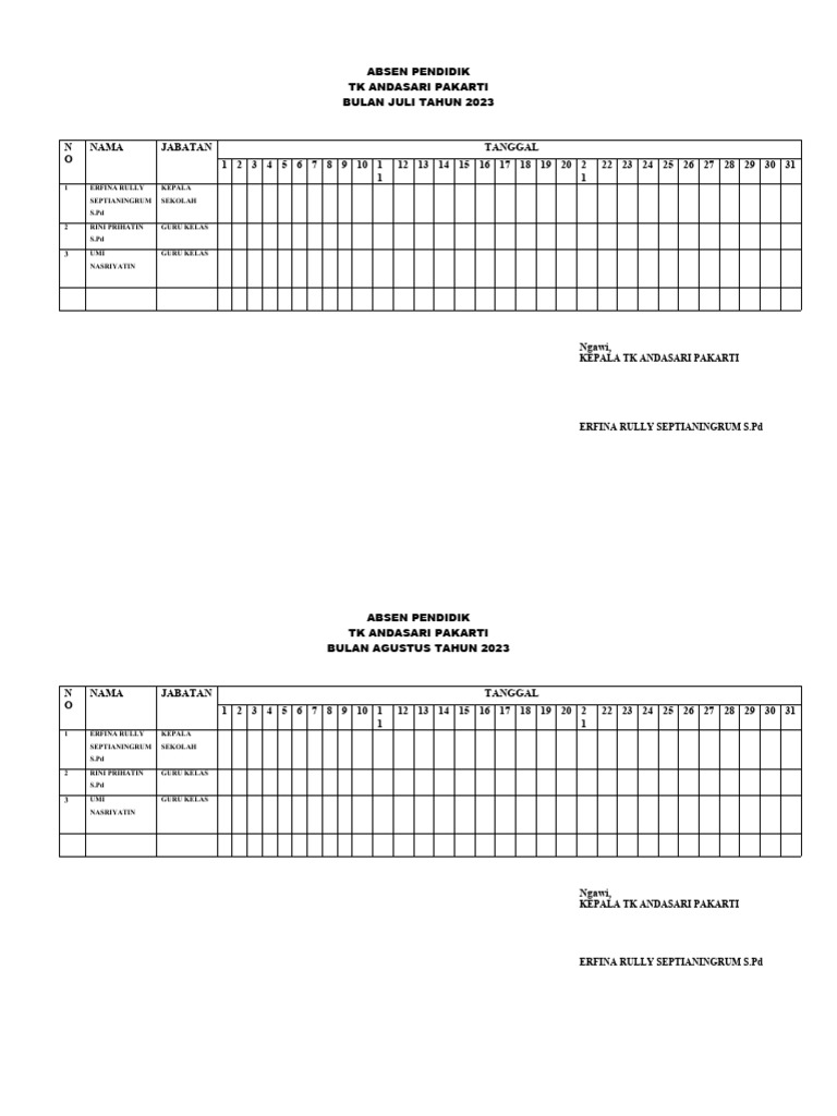 Absen Pendidik TK Andasari 2023-2024 | PDF