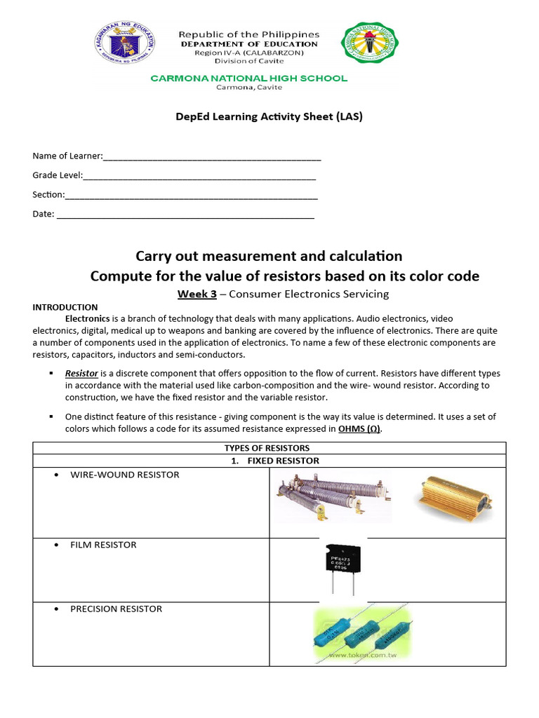 Week 3 - Ces - Grade 7 - Resistor Color Coding | Download Free PDF | Resistor | Computer Engineering