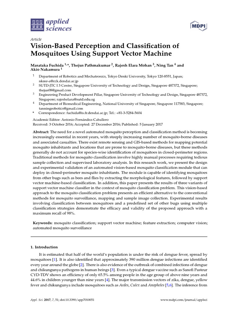 Vision Based Perception And Classification Of Mosquitoes Using Support Vector Machine Pdf