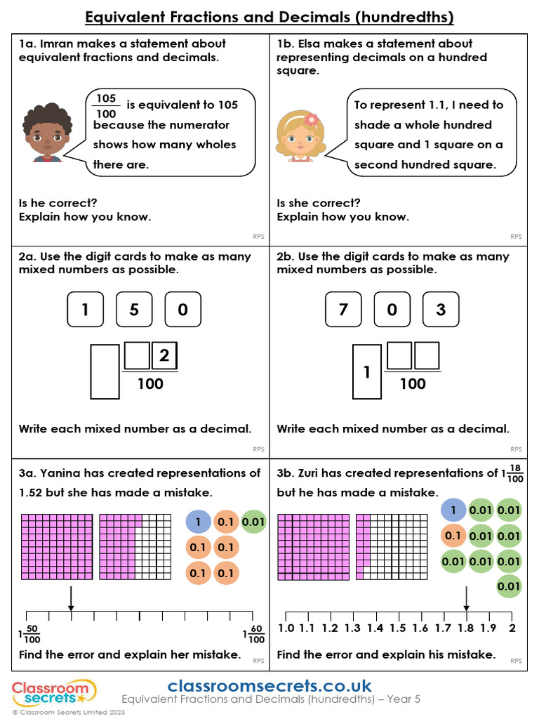 Year 5 Equivalent Fractions and Decimals Hundredths RPS | PDF | Decimal ...