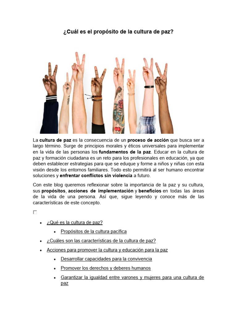 Propósitos y características de la cultura de paz | PDF | Paz ...