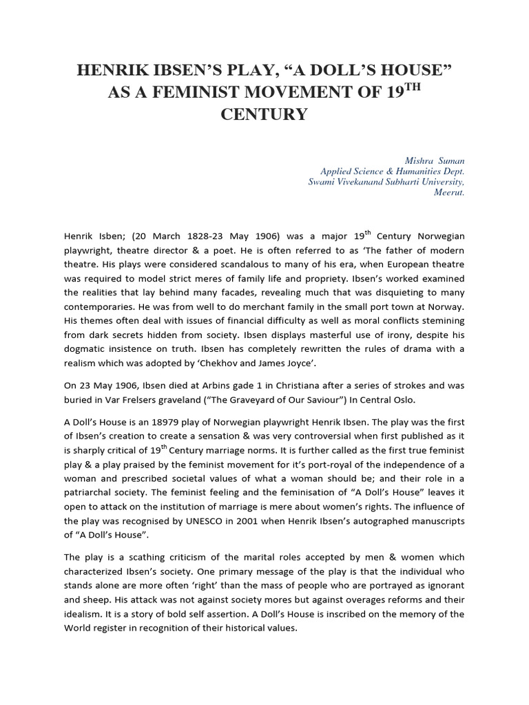 Henrik Ibsen'S Play, "A Doll'S House" As A Feminist Movement of 19 ...