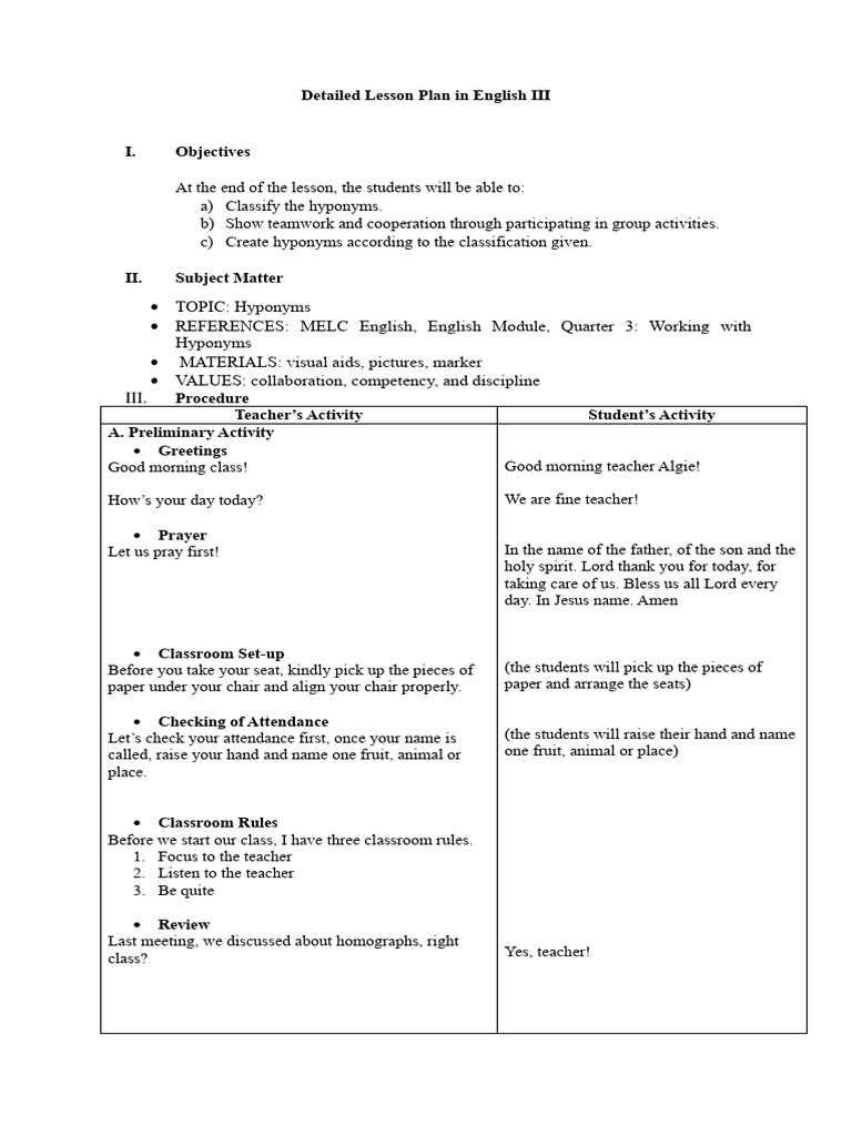 PDF-HYPONYMS-Detailed Lesson Plan in English III | PDF | Lesson Plan