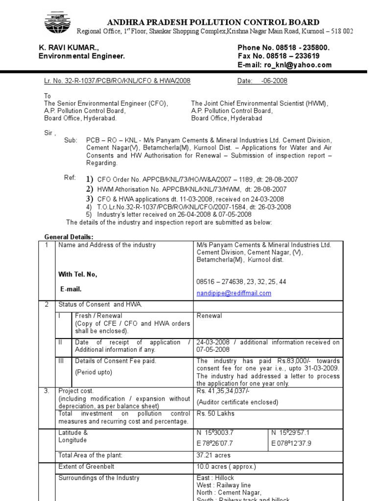 Panyam Cements - CFO & HWA VR | PDF | Hazardous Waste | Air Pollution