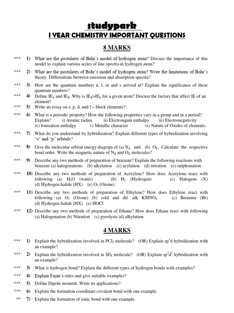 1st Year IMP QUESTIONS 2023-24 | PDF | Molecules | Chemical Bond