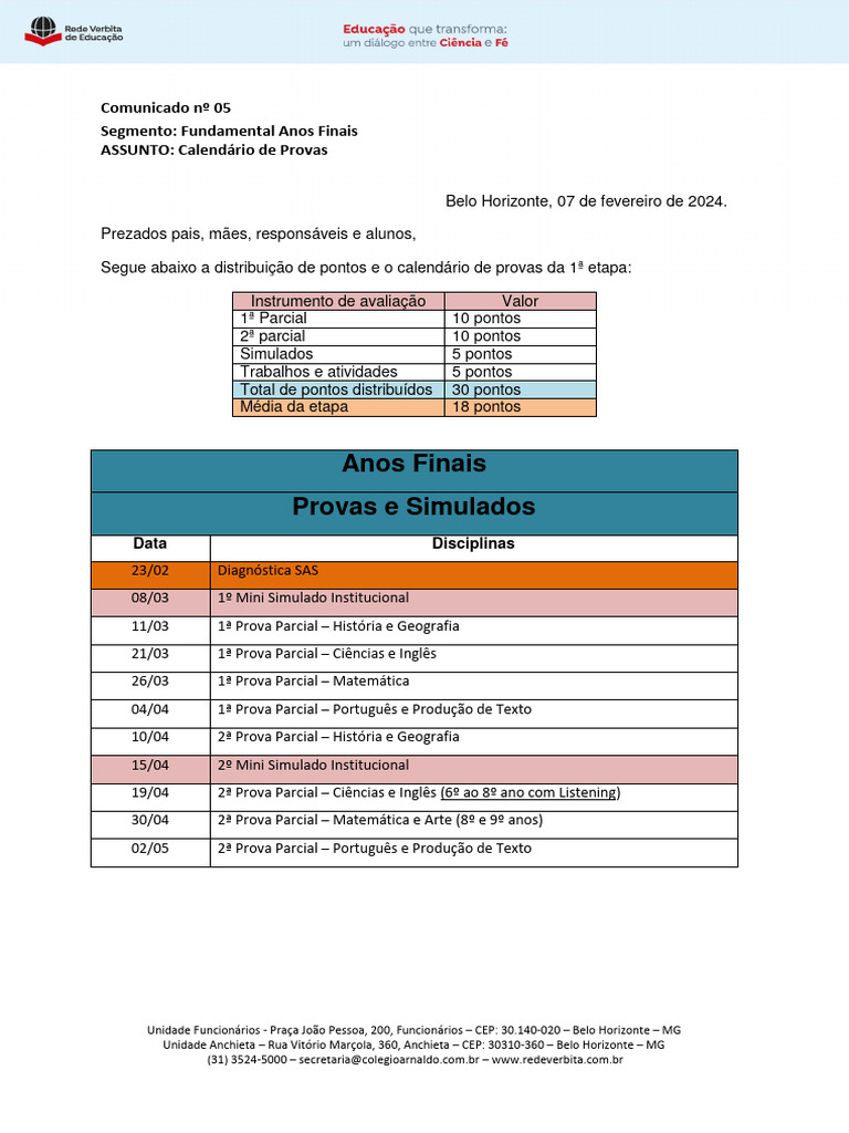 Comunicado #05 - Calendário de Provas Anos Finais | Download grátis PDF | Science