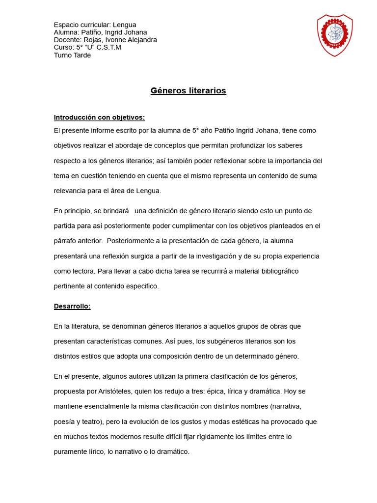 Informe Géneros Literarios (Corregido) | PDF | Poesía | Prosa