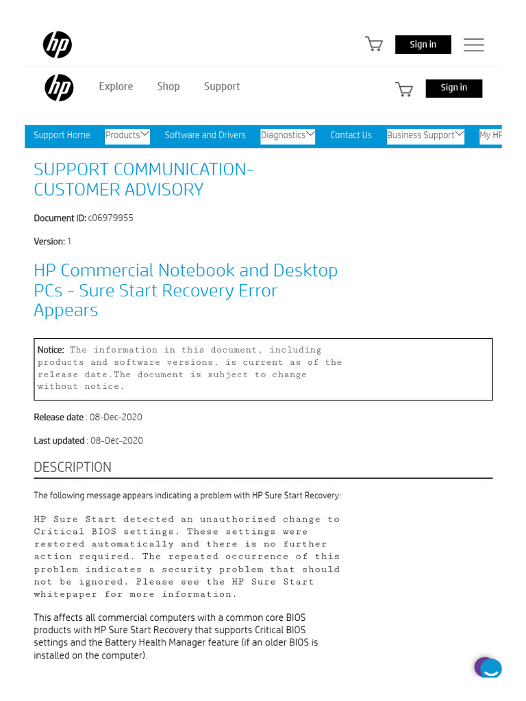HP Commercial Notebook and Desktop PCs - Sure Start Recovery Err | PDF ...