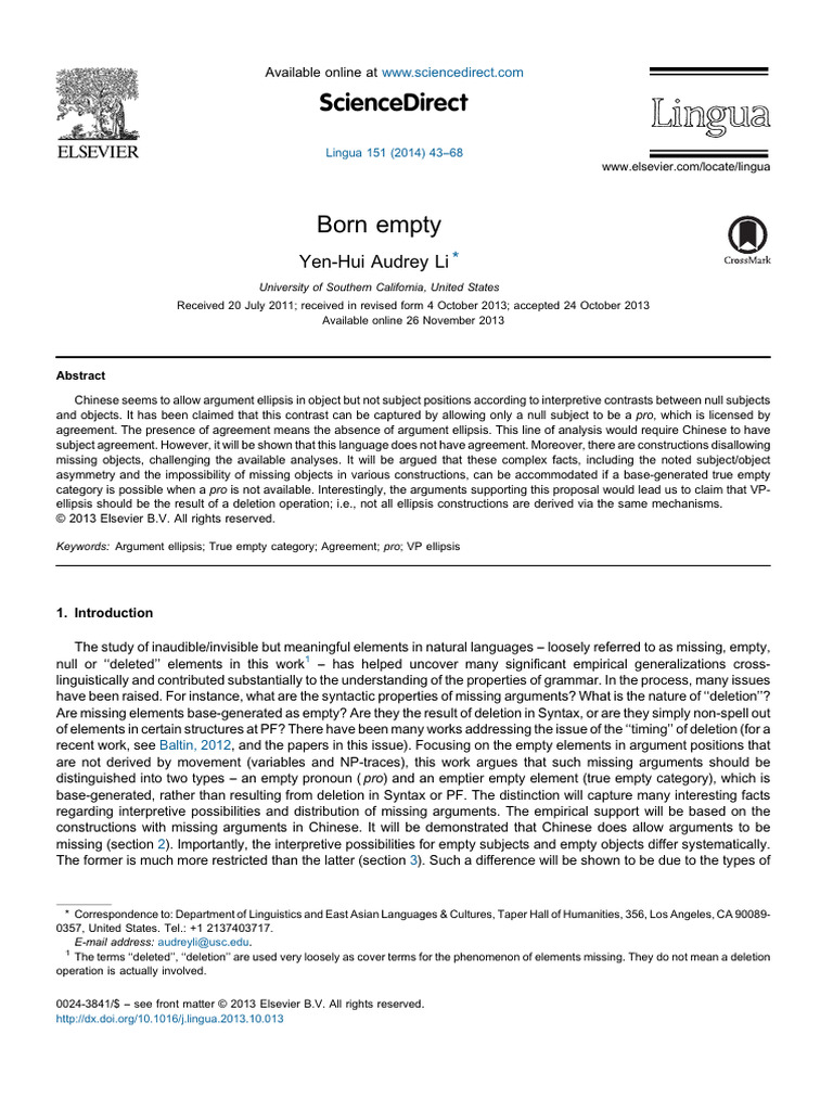 Argument Ellipsis in Chinese Syntax | PDF | Pronoun | Subject (Grammar)