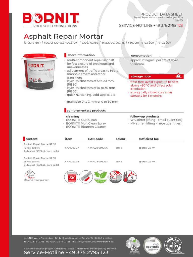 Product Data Sheet BORNIT Asphalt Repair Mortar English | PDF ...