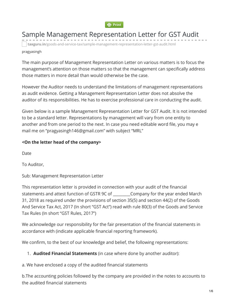 Sample GST Management Representation Letter | PDF | Audit | Financial Audit