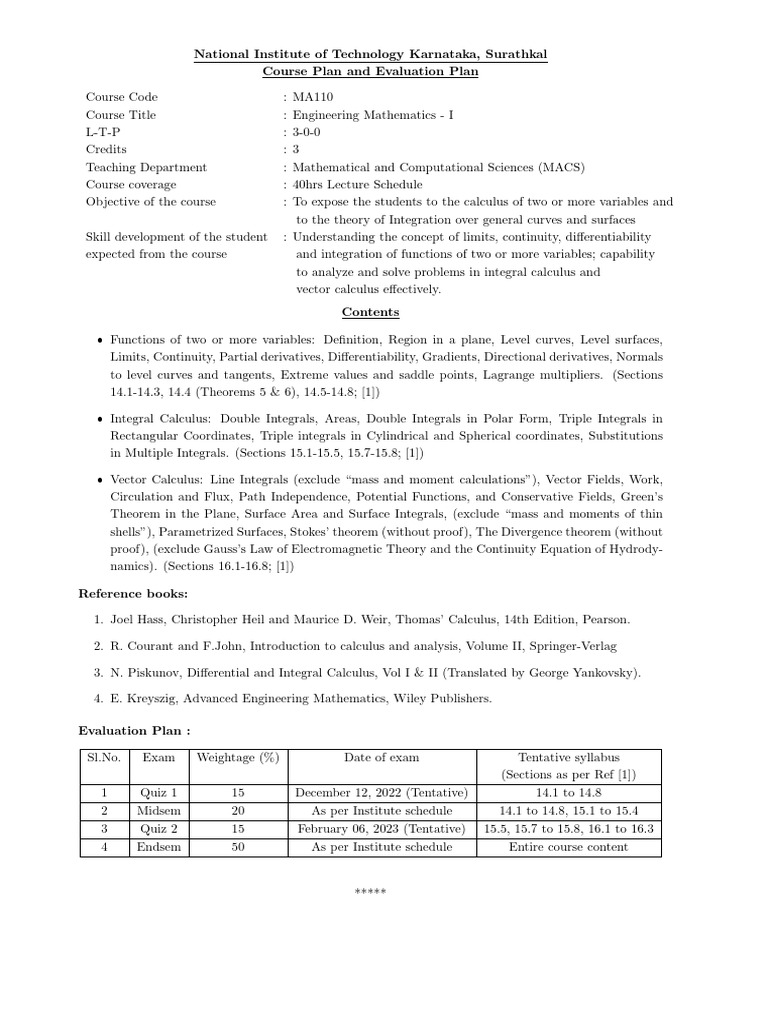 (MA110) Course Evaluation Plan | PDF | Integral | Derivative