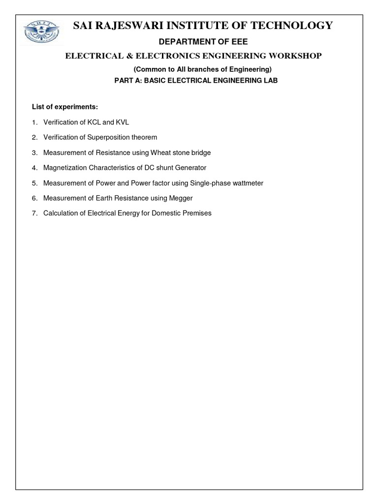 BEEE (PART A BASIC ELECTRICAL ENGINEERING LAB) Manual | PDF | Voltage | Electrical Network