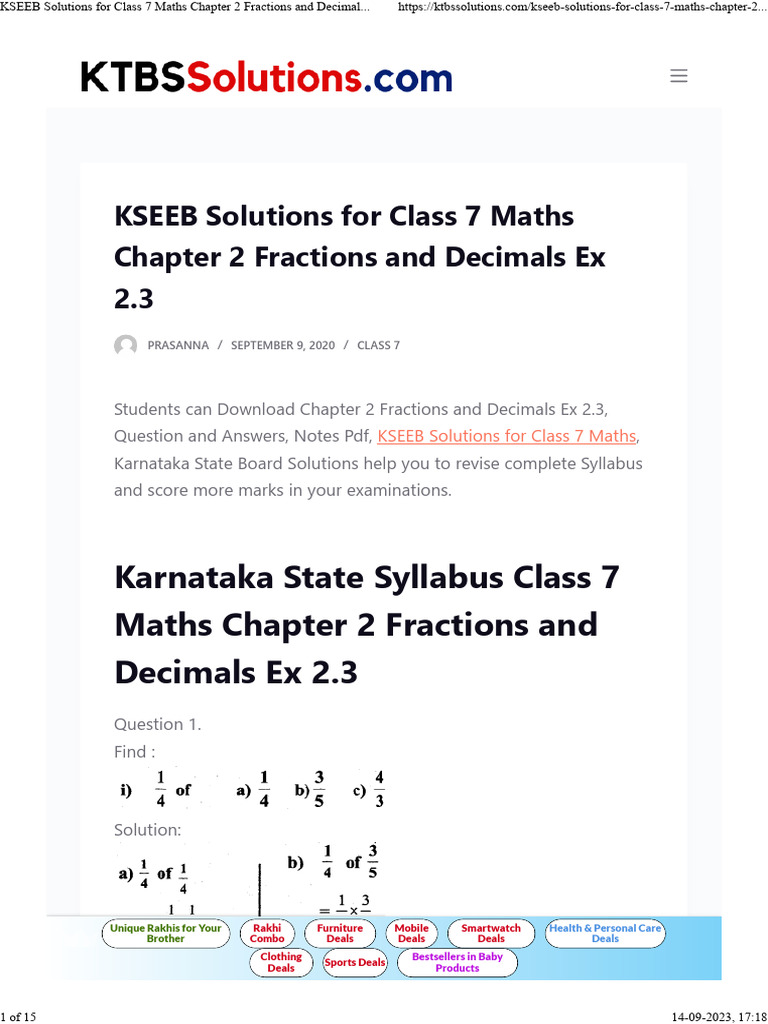 KSEEB Solutions For Class 7 Maths Chapter 2 Fractions and Decimals Ex 2 ...