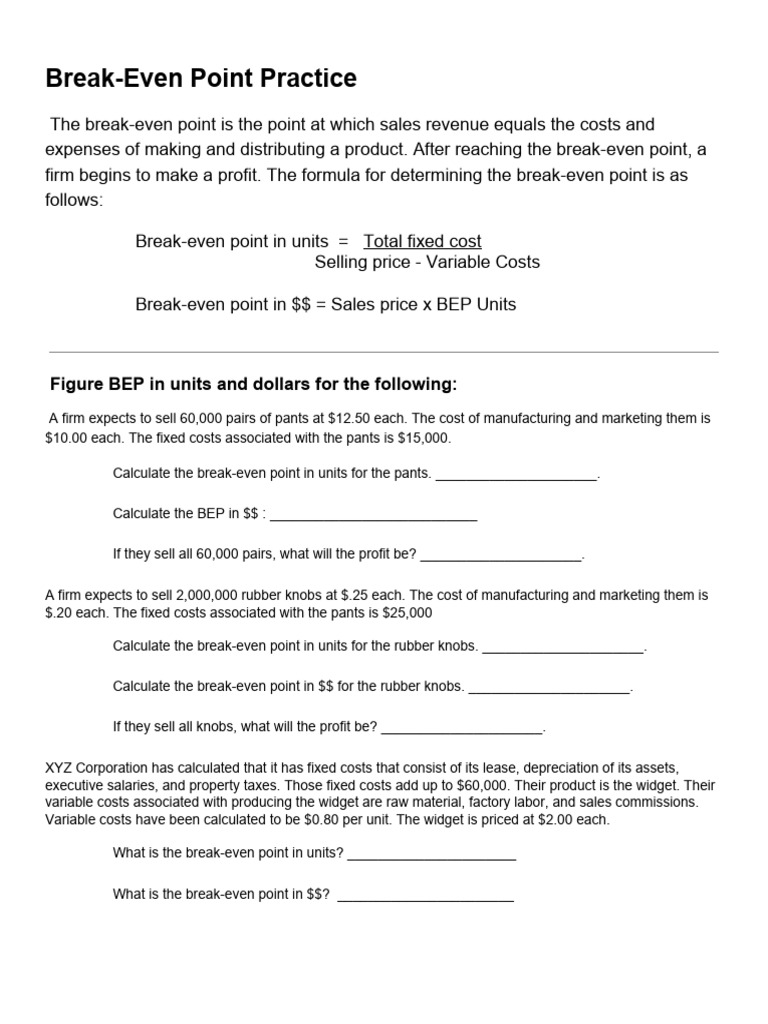 Breakeven Work Sheet | PDF