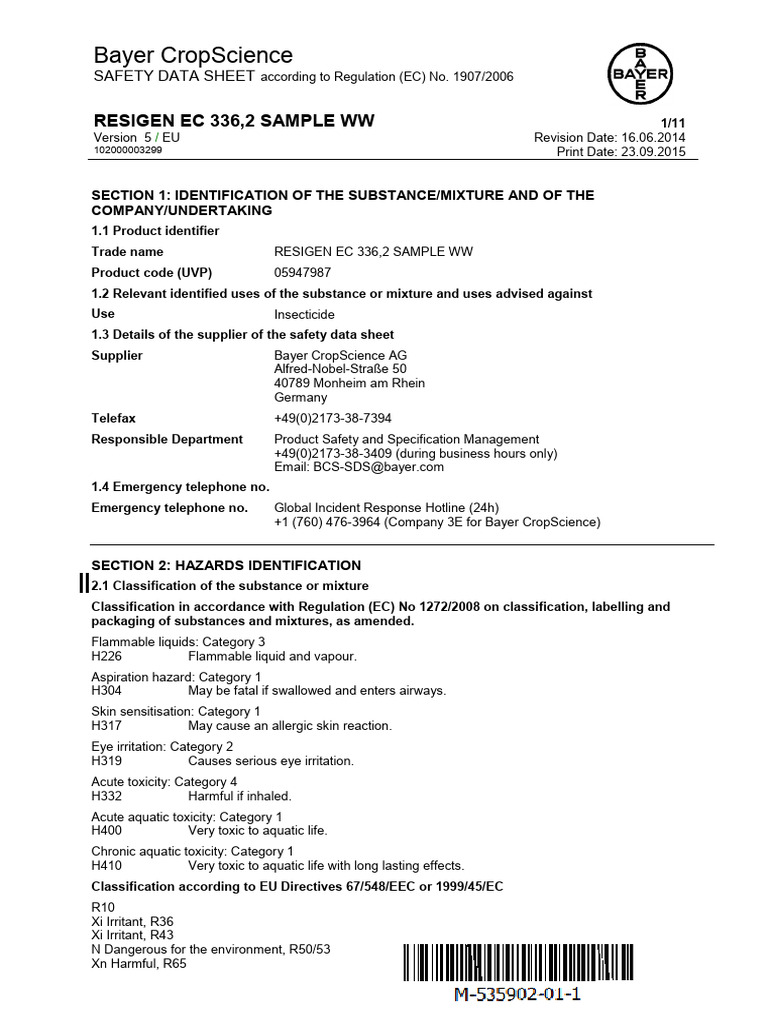 Resigen MSDS | PDF | Toxicity | Dangerous Goods