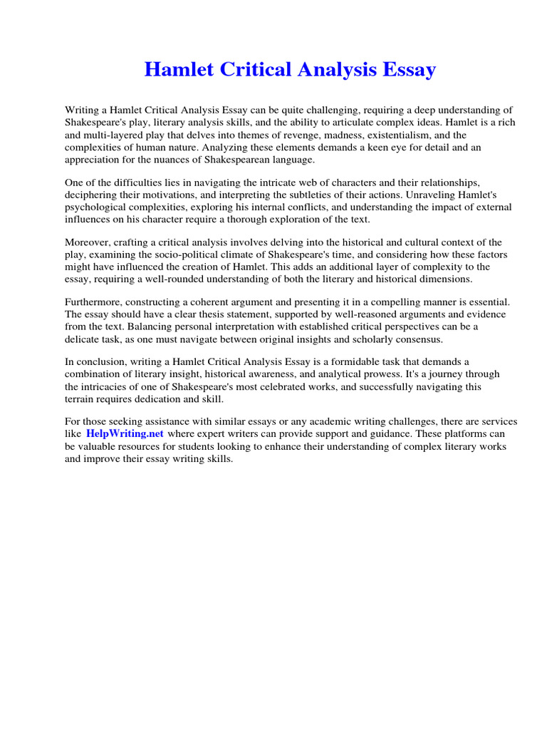 Hamlet Critical Analysis Essay | PDF | Wine | Essays
