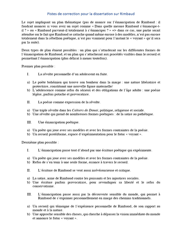 Pistes de Correction Pour La Dissertation Sur Rimbaud | PDF | Poésie ...