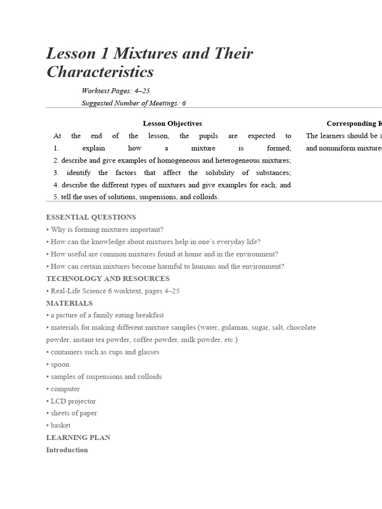 Lesson 1 Mixtures And Their Characteristics Pdf Mixture Drink