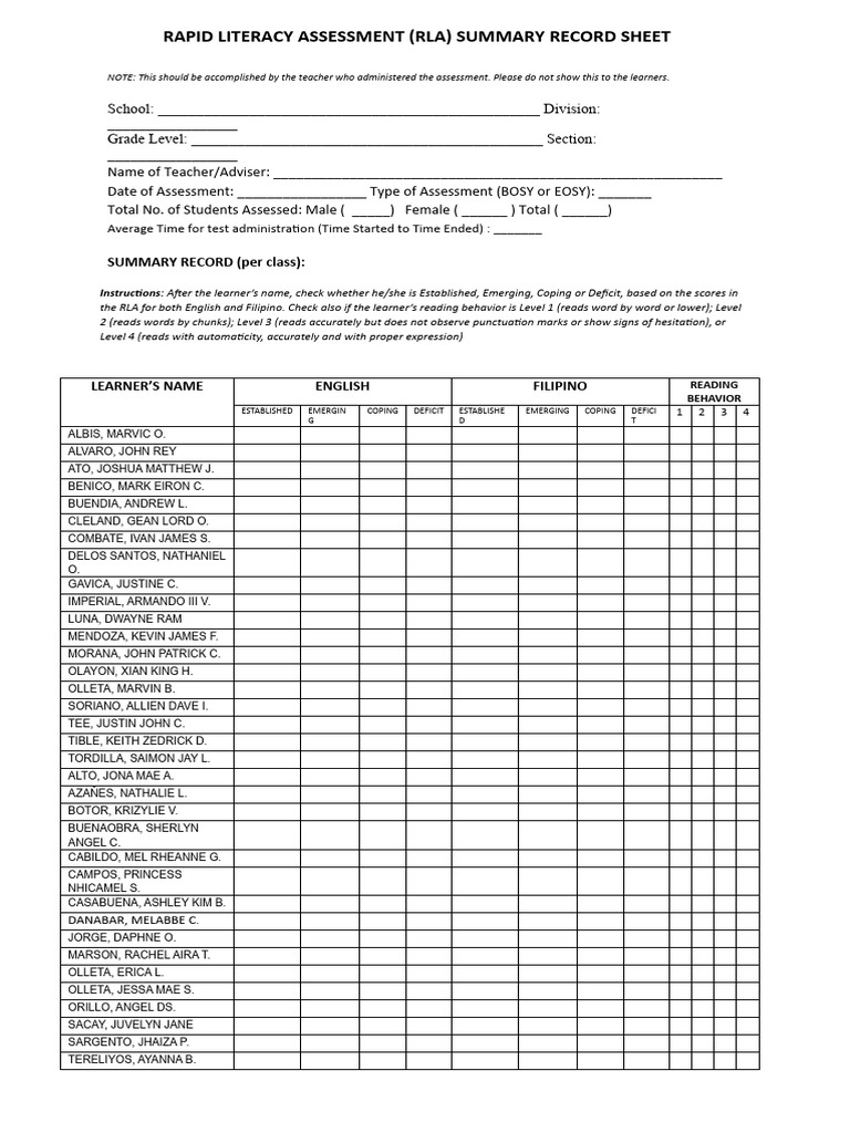 Rla Summary Record Sheet | Download Free PDF | Reading (Process) | Learning