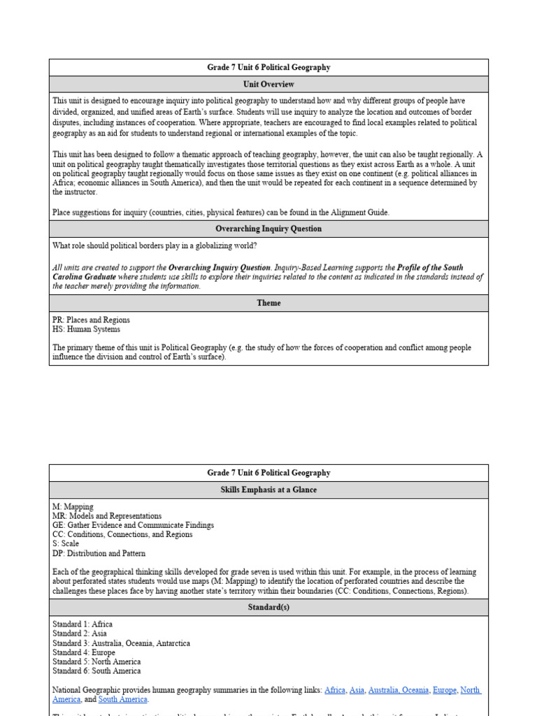 Grade 7 Unit 6 Political Geography June 2020 | PDF | Geography | Map