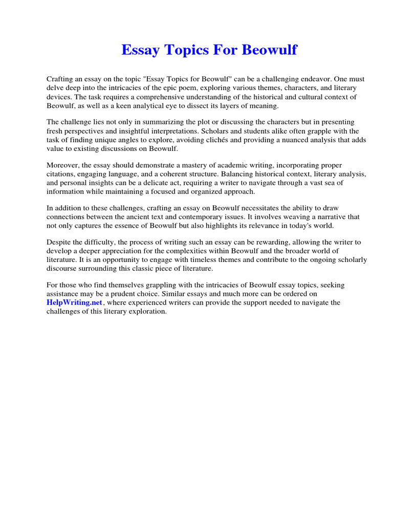 Essay Topics For Beowulf | PDF | Essays | Beowulf