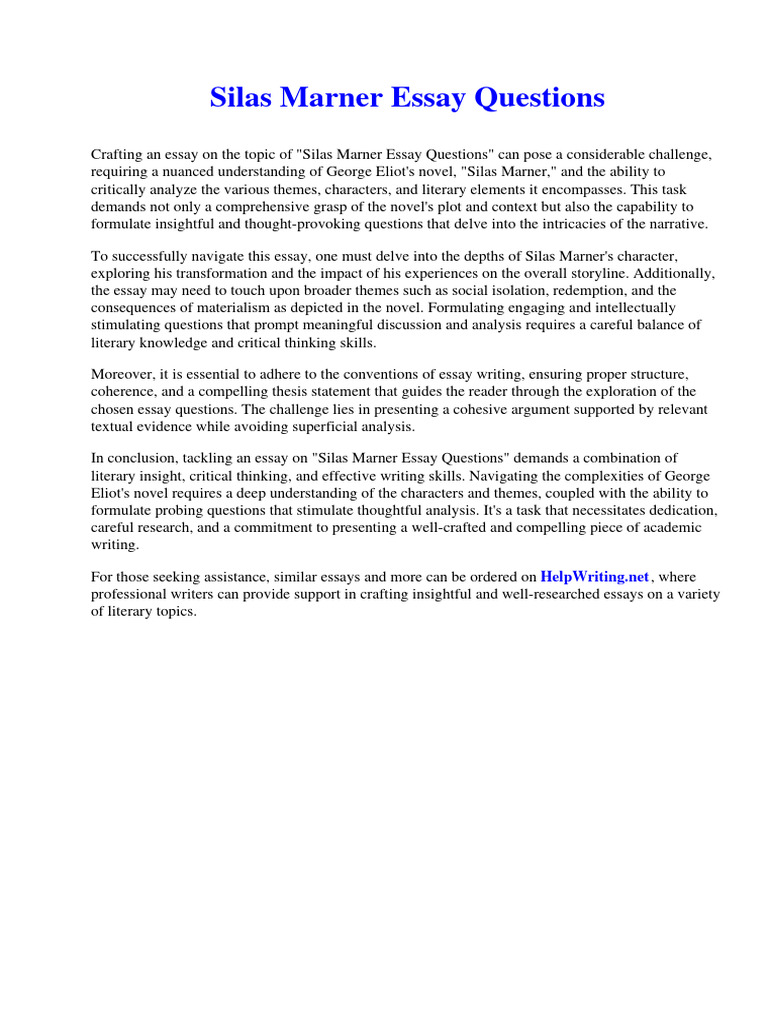 Silas Marner Essay Questions | PDF | Problem Gambling | Essays