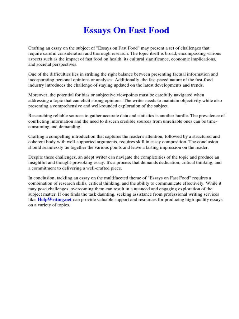 Essays On Fast Food | PDF