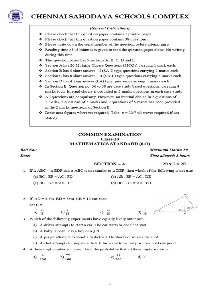 Mathematics Standard (041) QP - Set C | PDF | Circle | Area