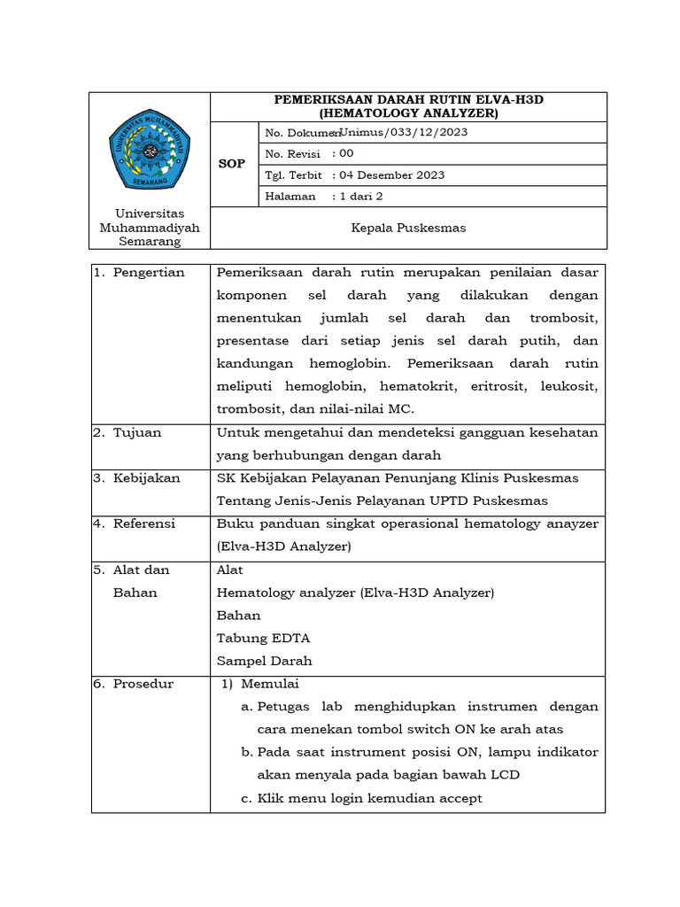 Rosdayani Sop Pemeriksaan Darah Rutin | PDF