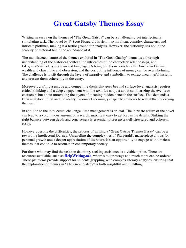Great Gatsby Themes Essay | PDF | The Great Gatsby | F. Scott Fitzgerald
