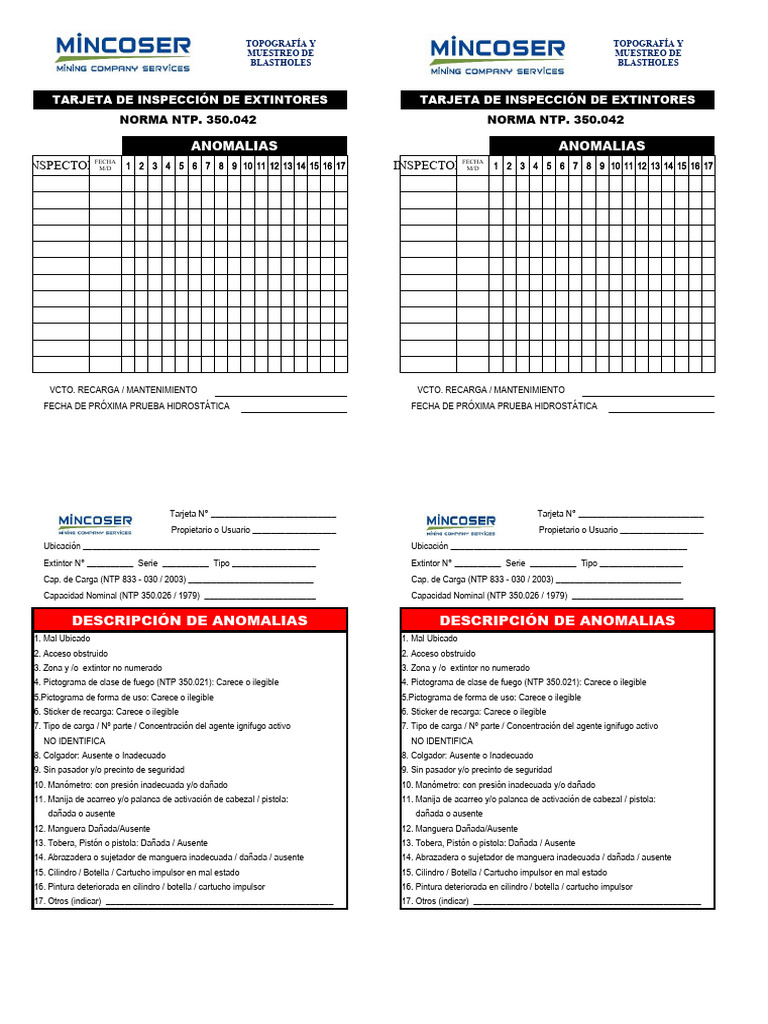 Tarjeta de Inspección de Extintores. | PDF | Armas de fuego